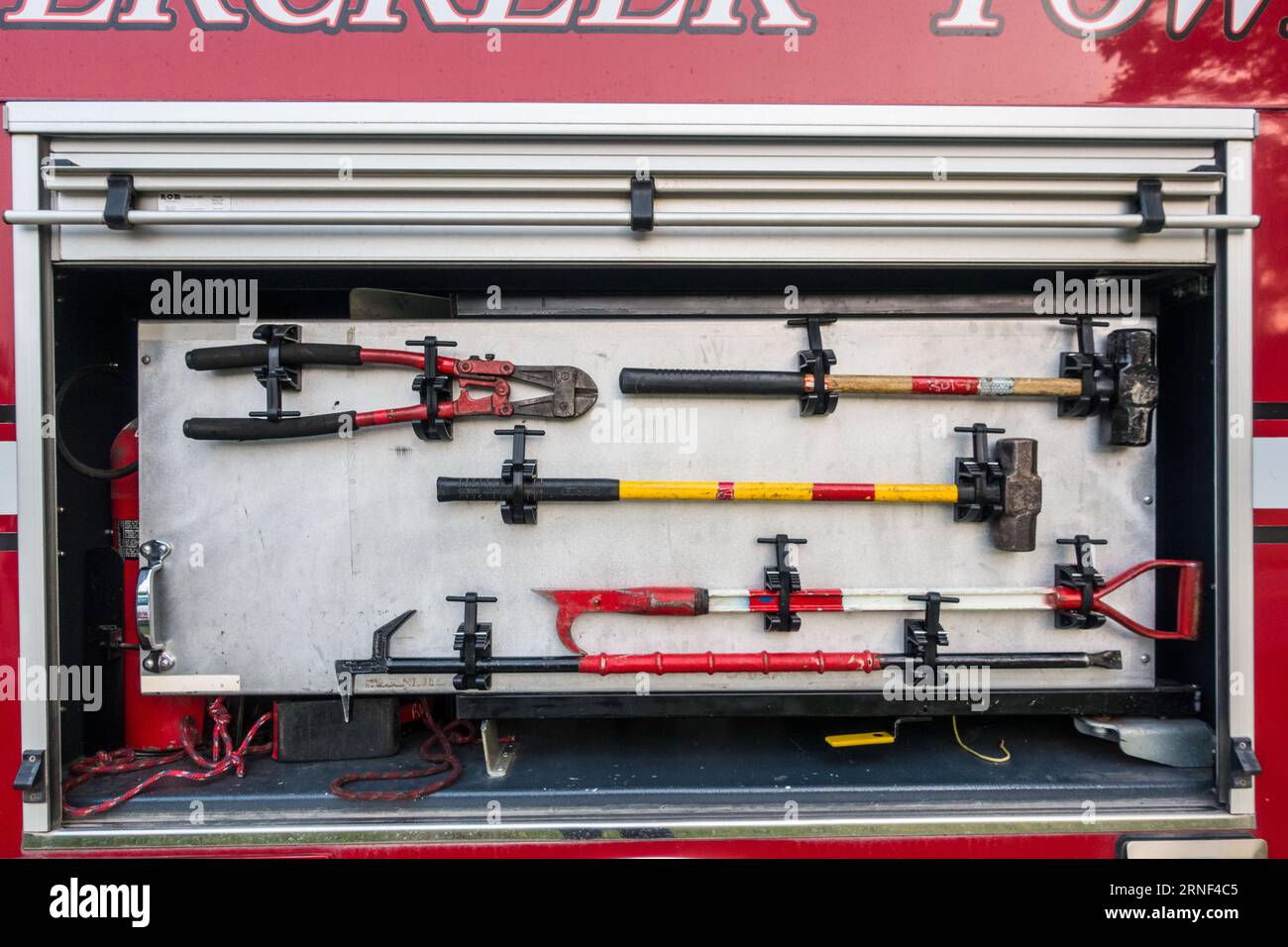 Fire Truck tools stored in a Fire engine Stock Photo - Alamy