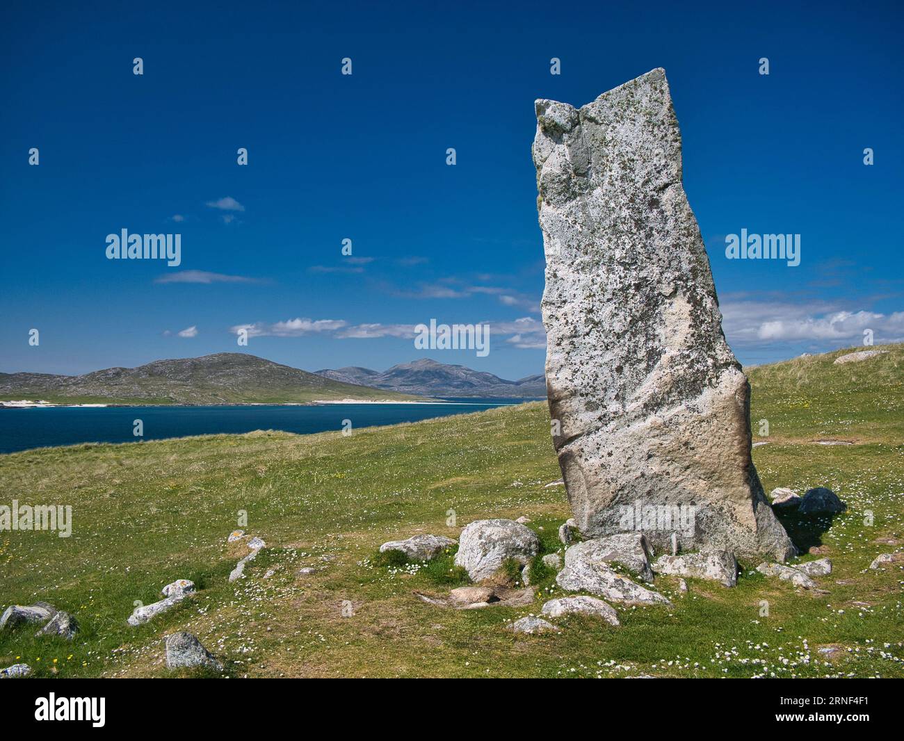 The 3m high MacLeod's Stone on the machair on the Atlantic coast of the ...