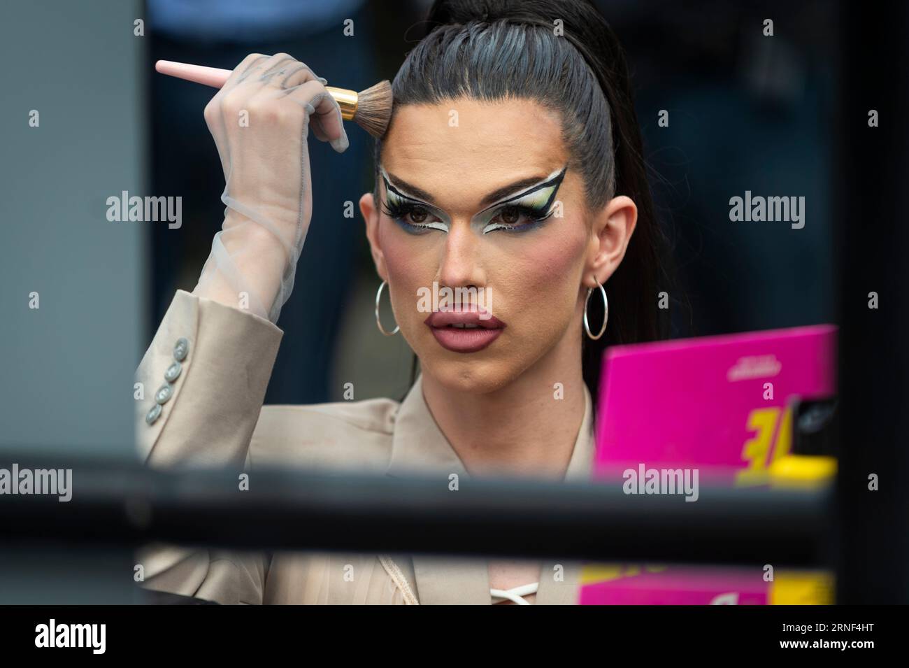 London, UK. 1 September 2023. A model 'backstage' (visible to audience ...