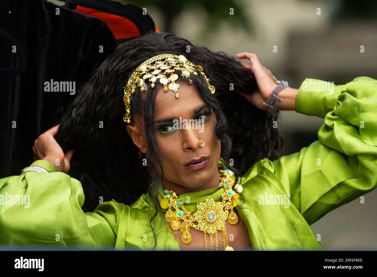 London, UK. 1 September 2023. A model 'backstage' (visible to audience ...
