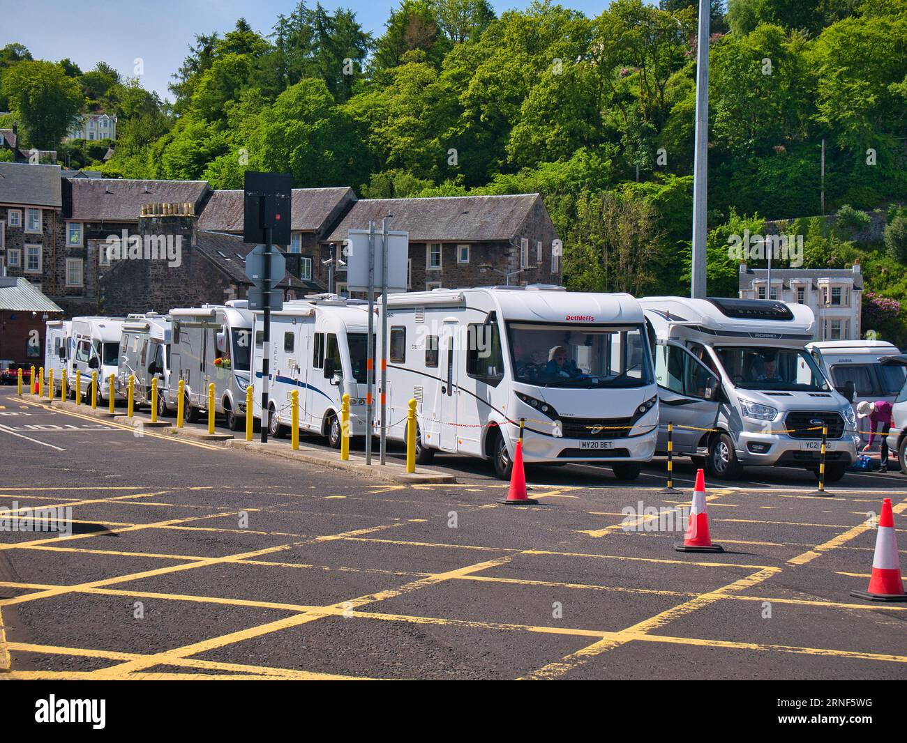 Motorhomes queue at the CalMac ferry terminal in Oban, Scotland, UK for ...