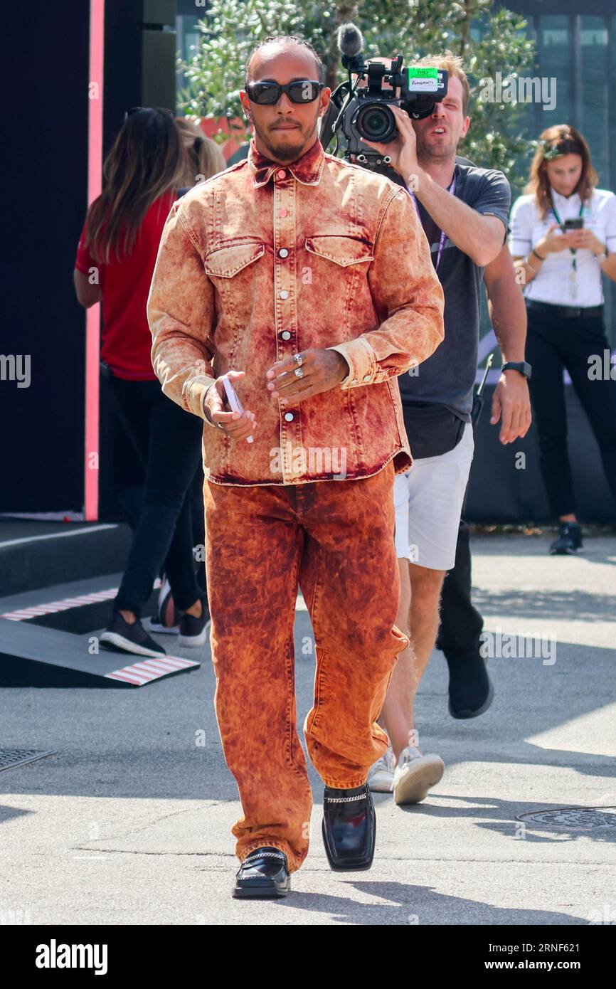 Monza, Italy. 1st Sep, 2023. LEWIS HAMILTON of Mercedes arrives wearing ...