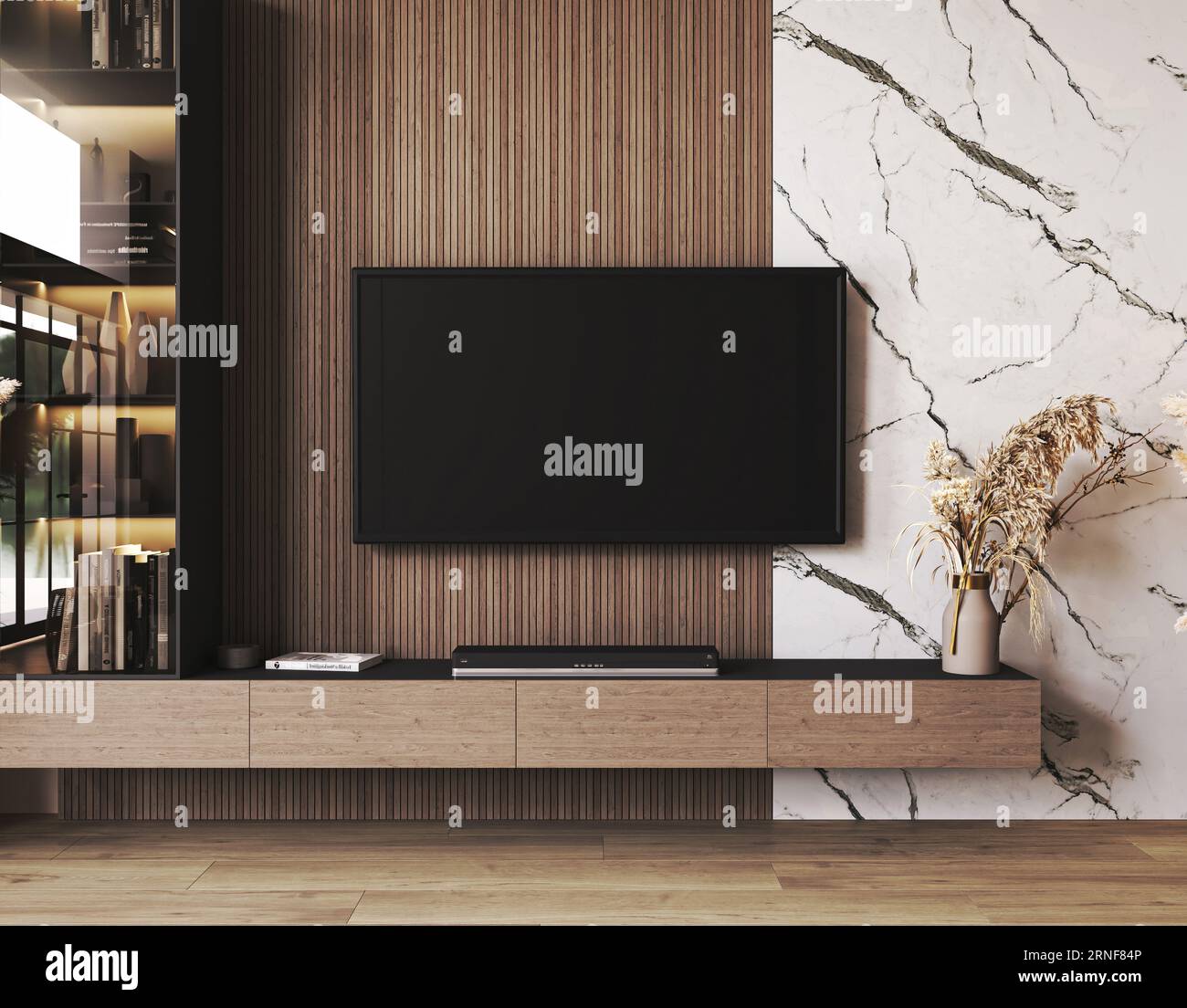 Classic expensive luxury light TV wall mock up with commode and wood ...