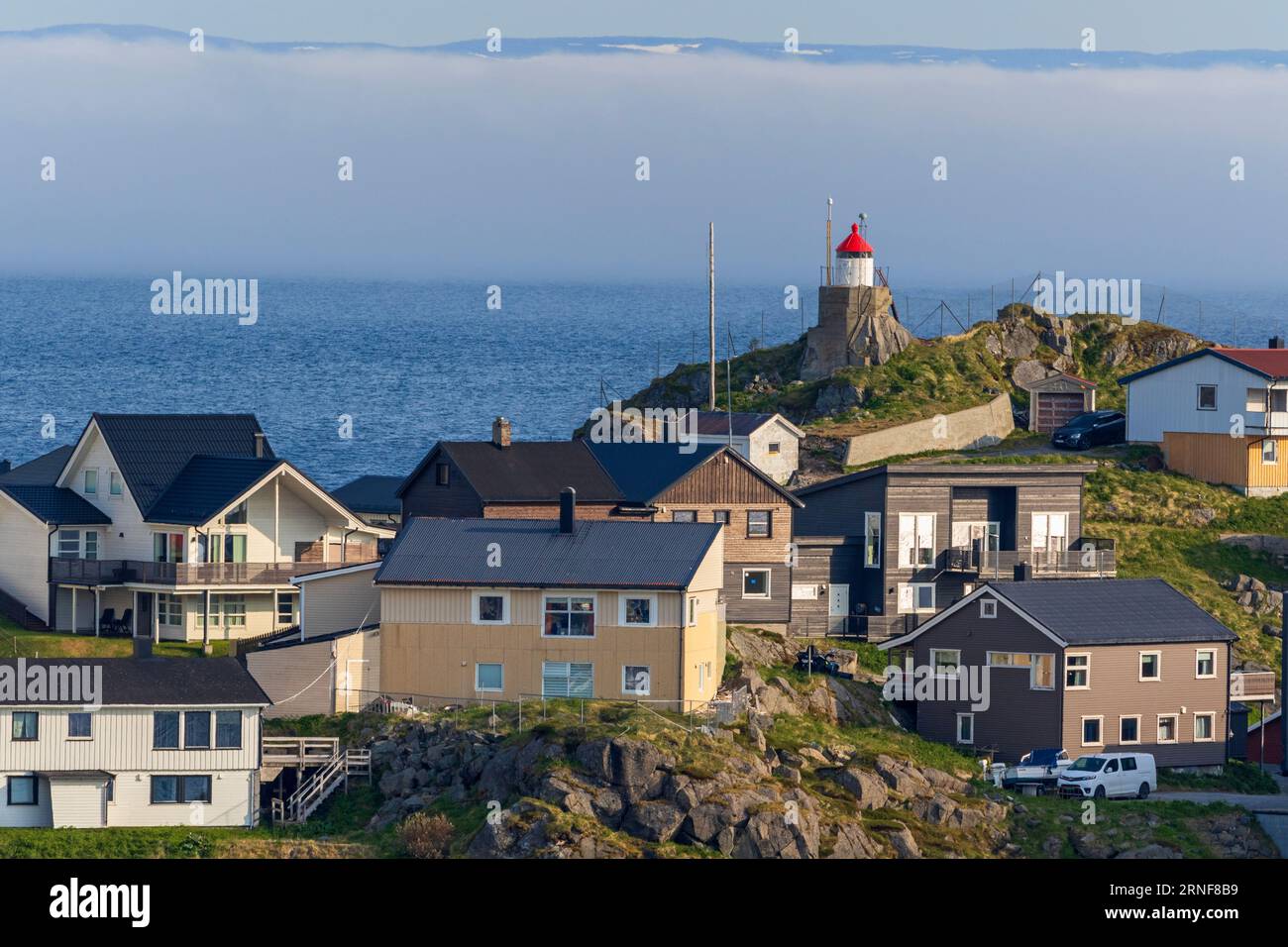 Lighthouse, Honningsvag Port, Mageroya Island, Troms og Finnmark ...