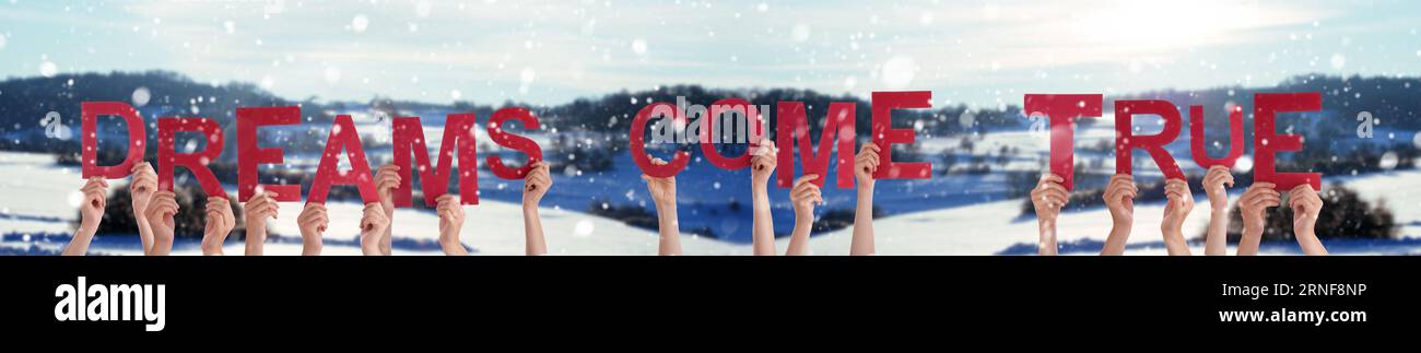 People Hands Building Word Dreams Come True, Winter Background Stock ...