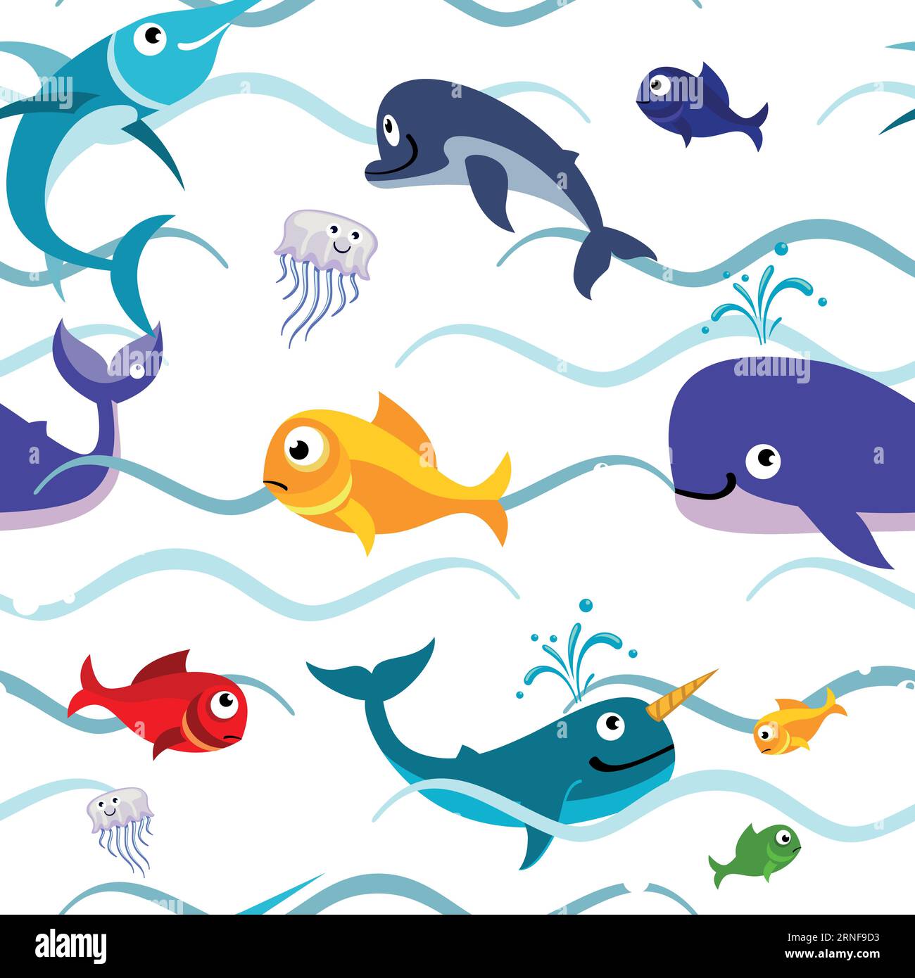 Underwater animal in water waves. Cartoon seamless pattern Stock Vector ...