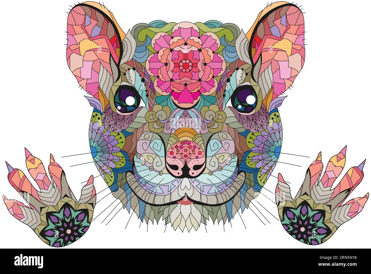 Hand drawn zentangle rat head with paws for t-shirt and other ...