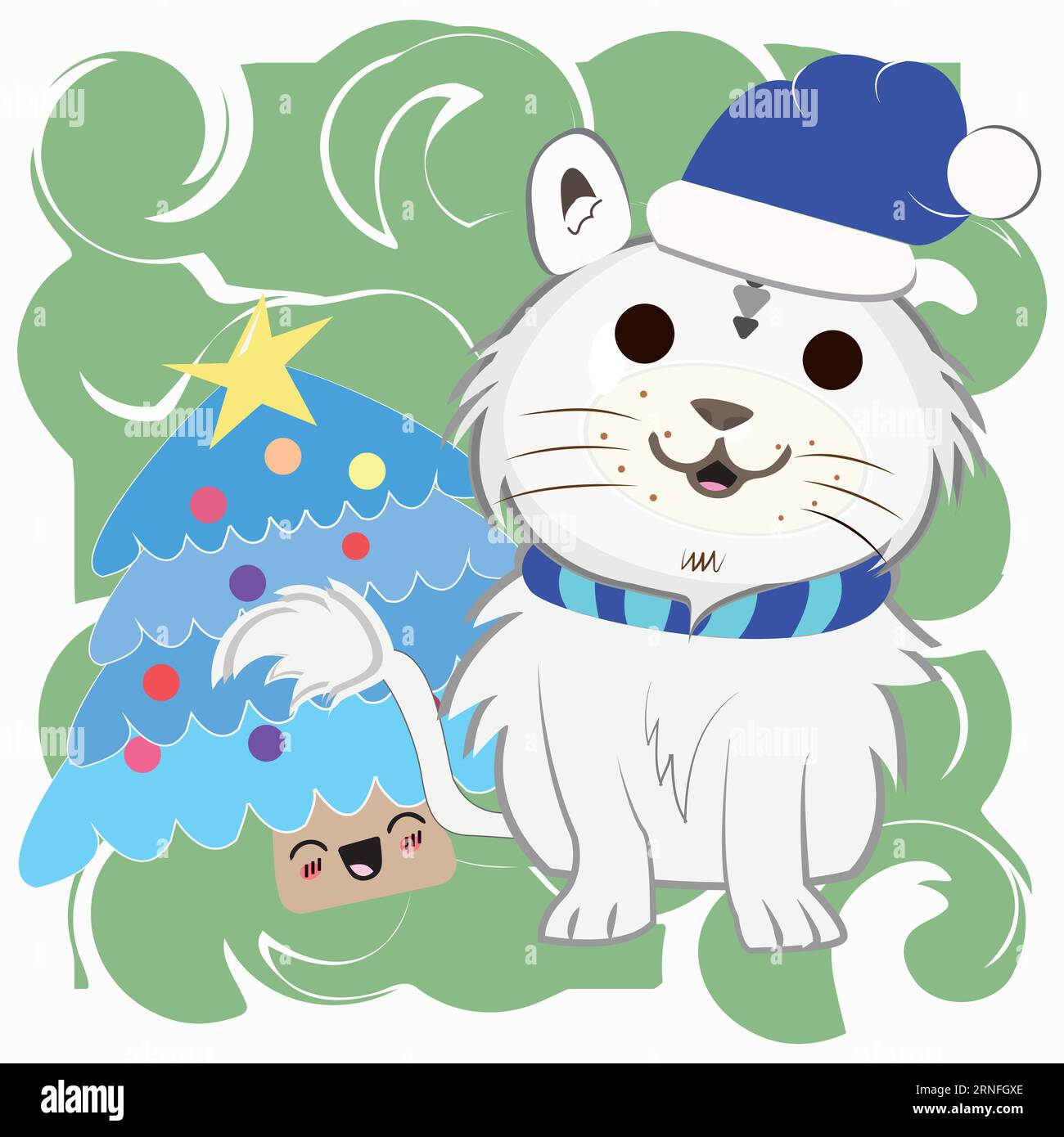 Cute cat cartoon character next to a happy christmas tree Vector Stock ...
