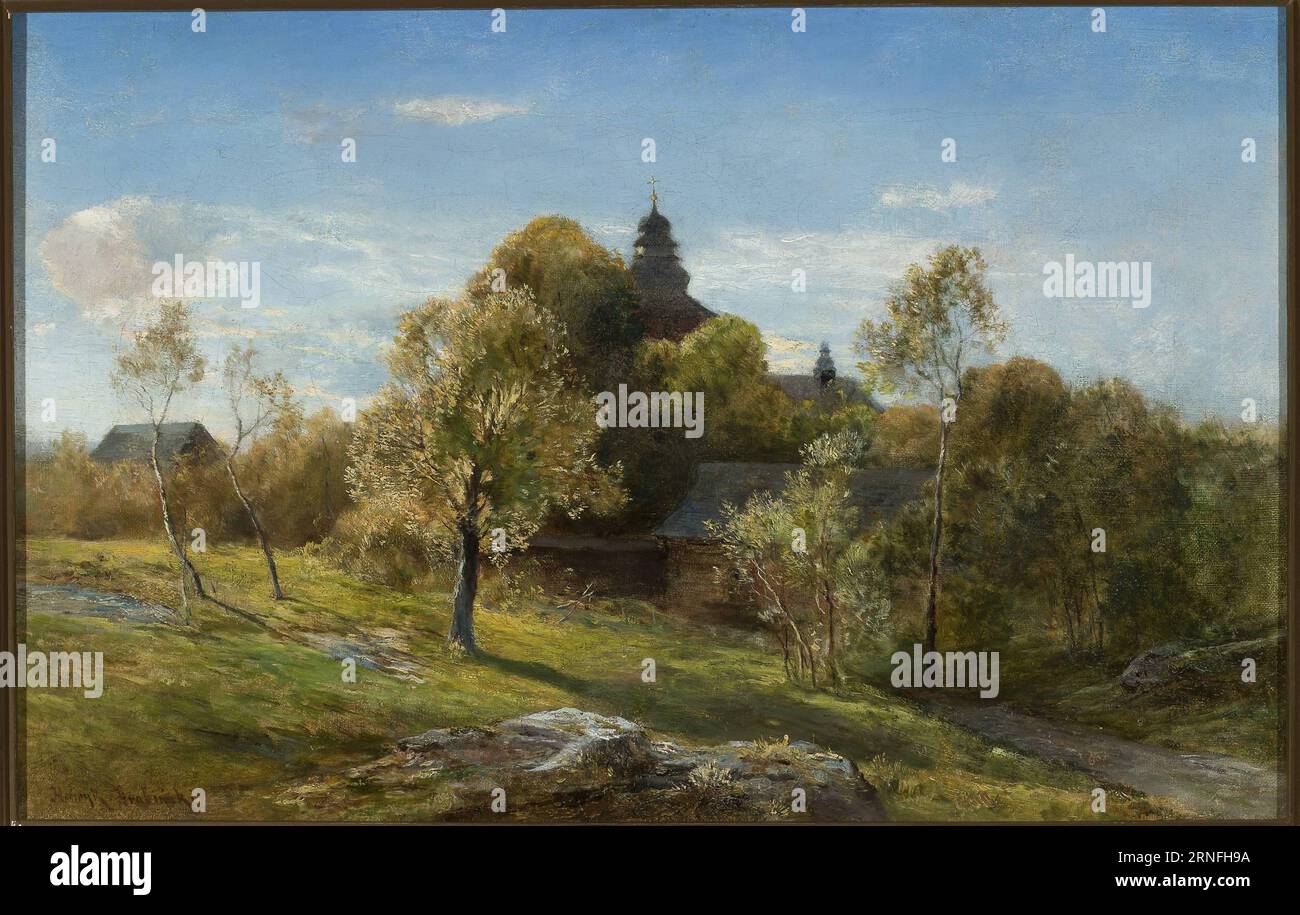 Landscape with a church hidden behind the trees by Henryk Grabiński ...