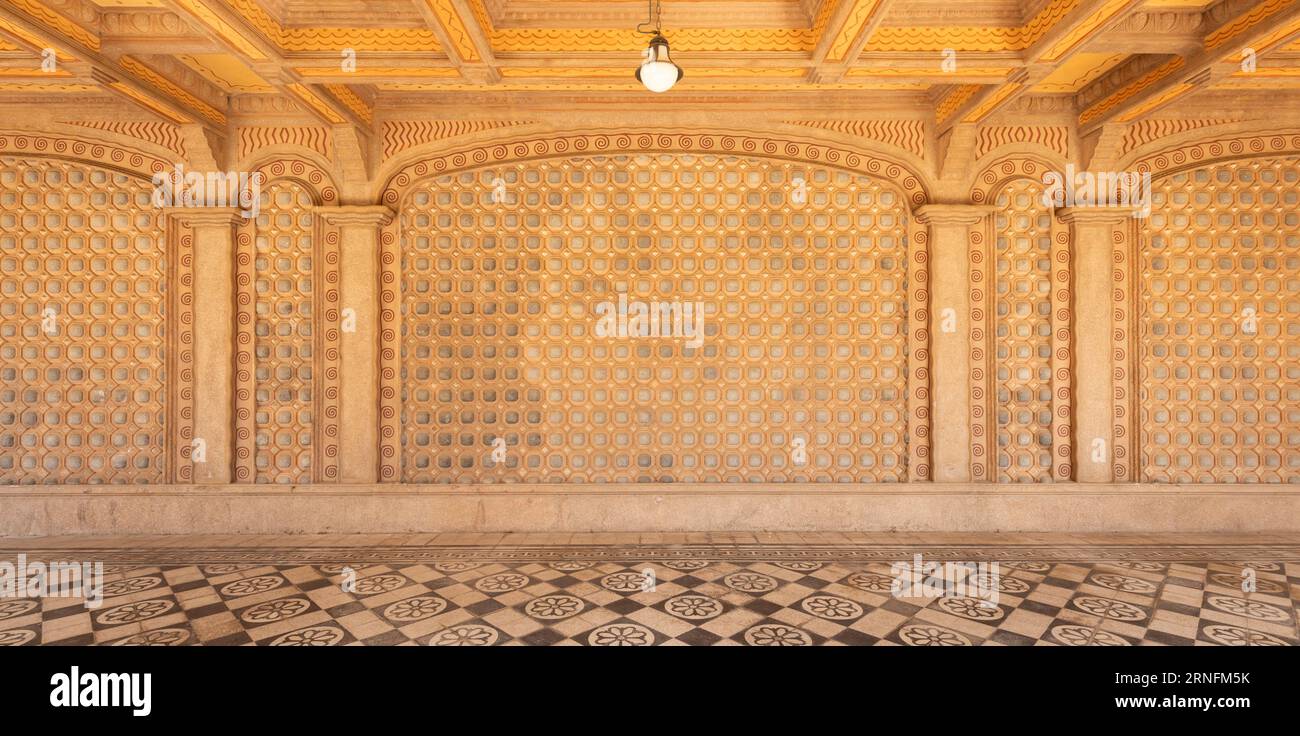 Old palace wall. Antique empty decorated interior with traditional ...