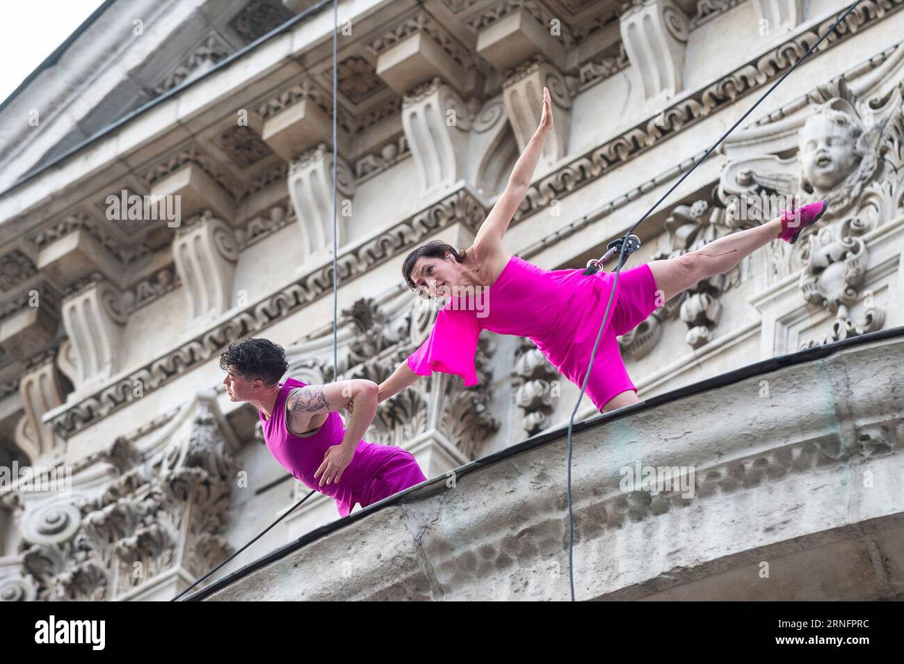 London, UK. 1 September 2023. Members of Bandaloop perform Resurgam, a vertical ballet, on the ...