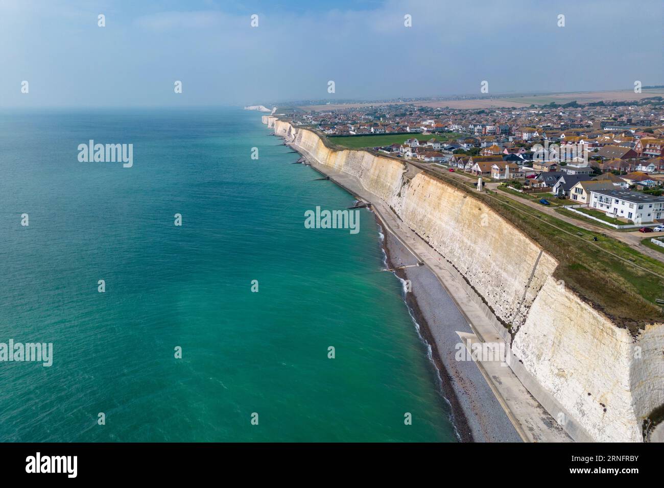 Aerial view of the Meridian Monument above the chalk cliffs ...