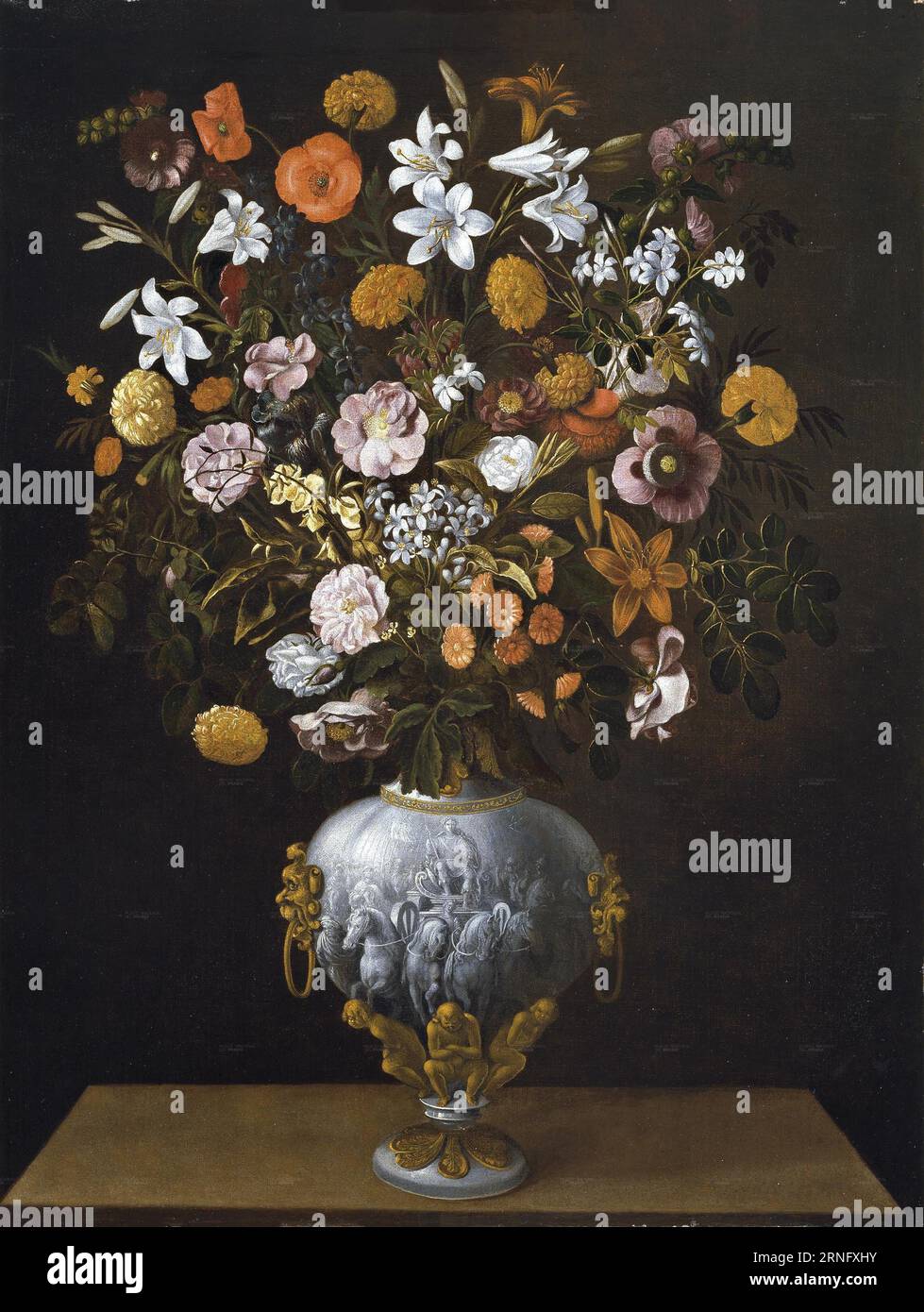 Vase of Flowers with a Triumphal Chariot seen frontally 1643 by Tomás ...