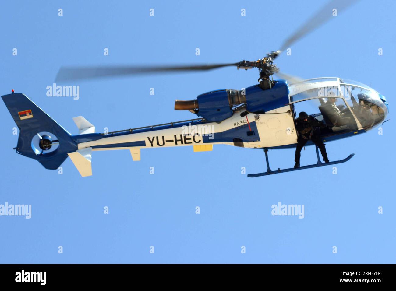 (160828) -- LOZNICA, (Serbia), Aug. 28, 2016 -- A police helicopter is ...