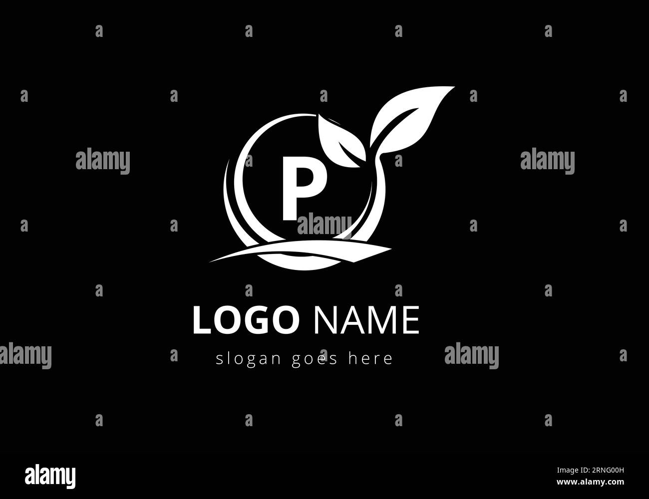 Initial P monogram alphabet with circle leaf and swoosh. Eco-friendly ...