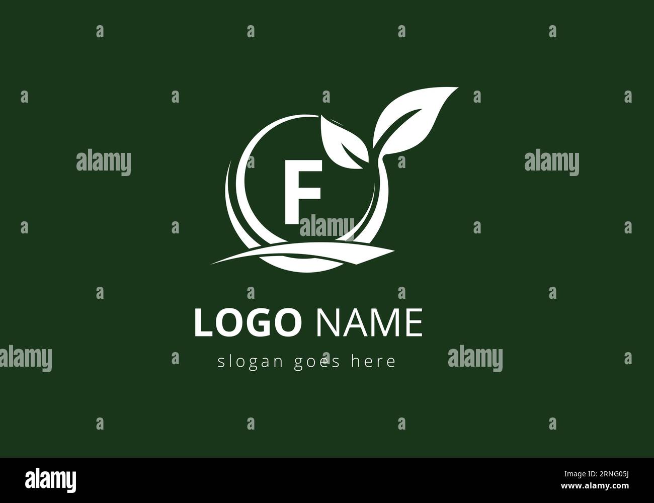 Initial F monogram alphabet with circle leaf and swoosh. Eco-friendly ...