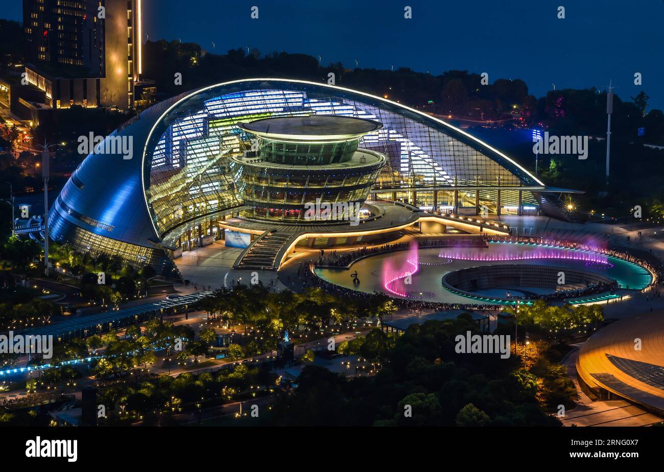HANGZHOU Photo taken on Aug. 31, 2016 shows a night view of Hangzhou Grand Theater in Hangzhou ...
