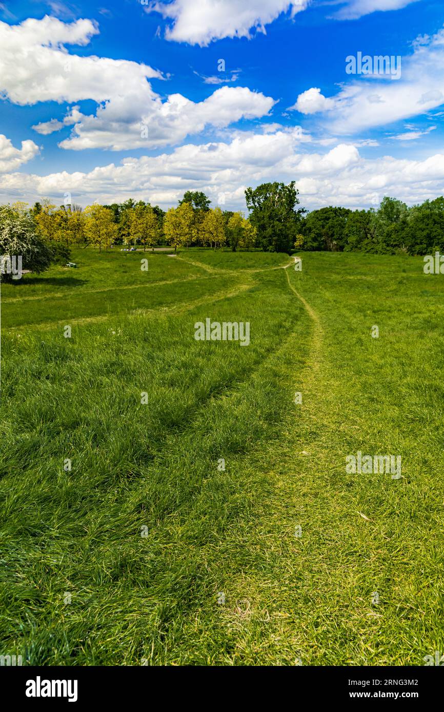 Beautiful landscape at cloudy day with long paths at green square with ...