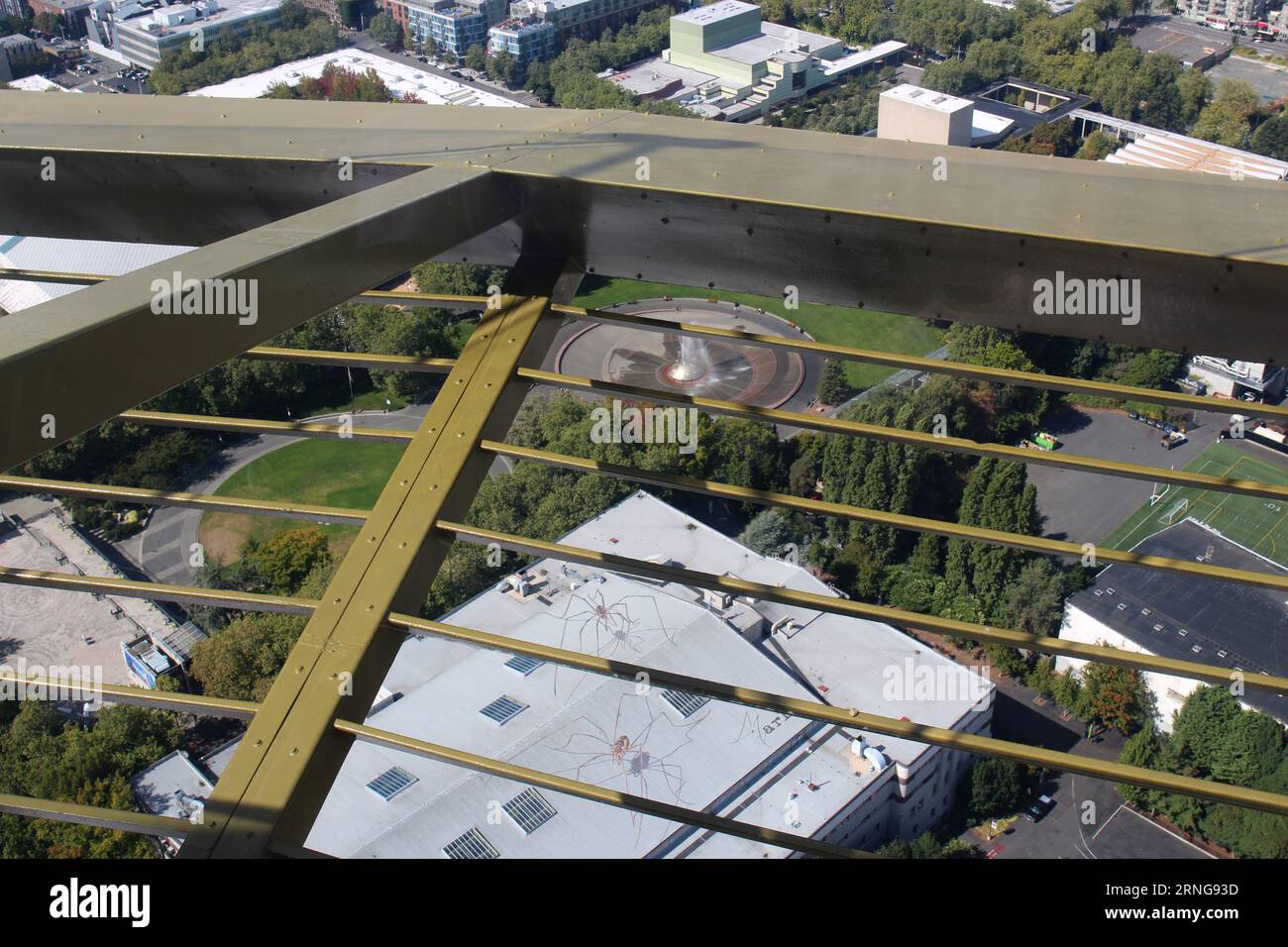 Looking down at the Seattle Center Armory, with large spiders painted ...