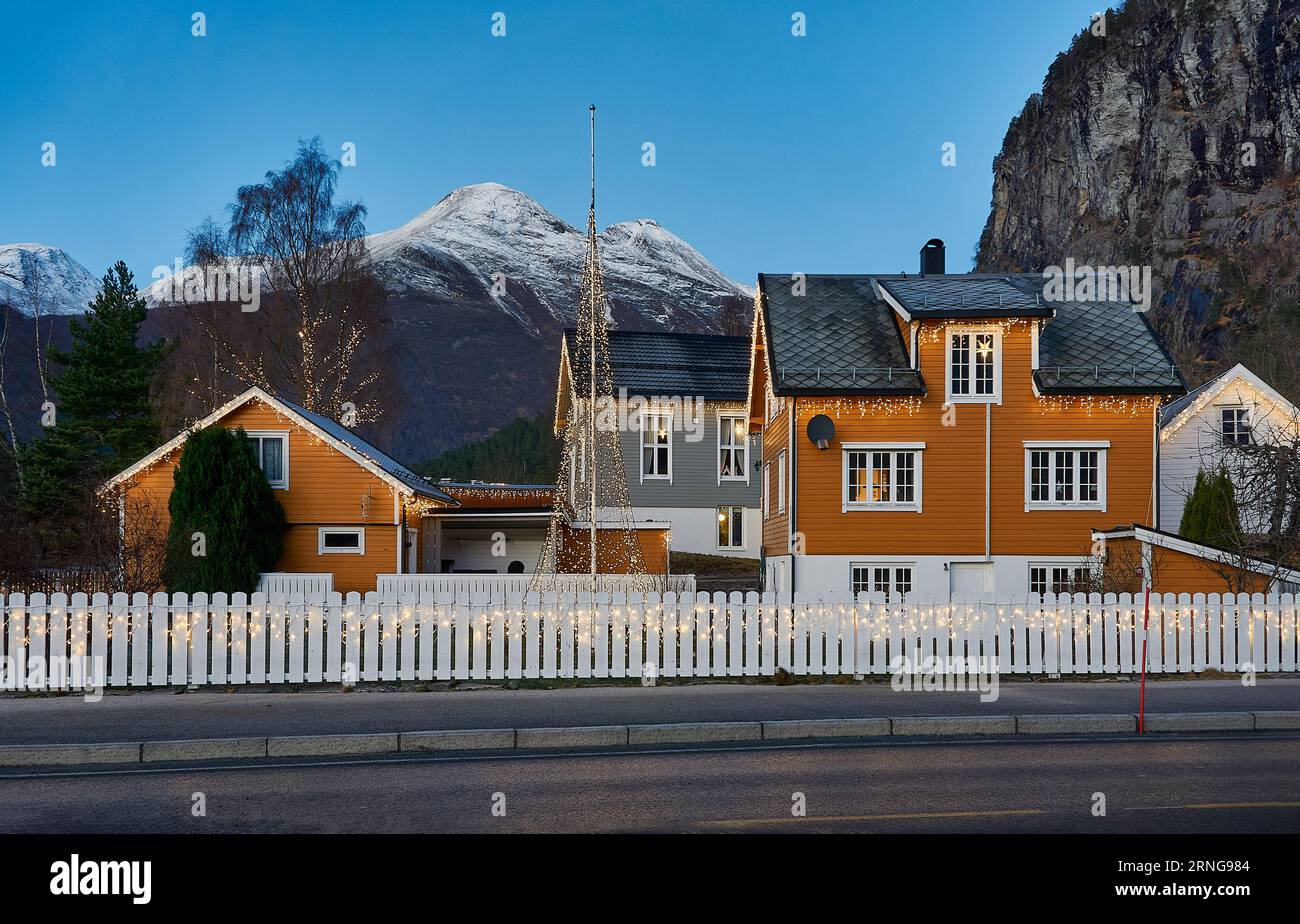 Christmas lights and Winter scenes in Valldalen, Valldal, Norway Stock ...