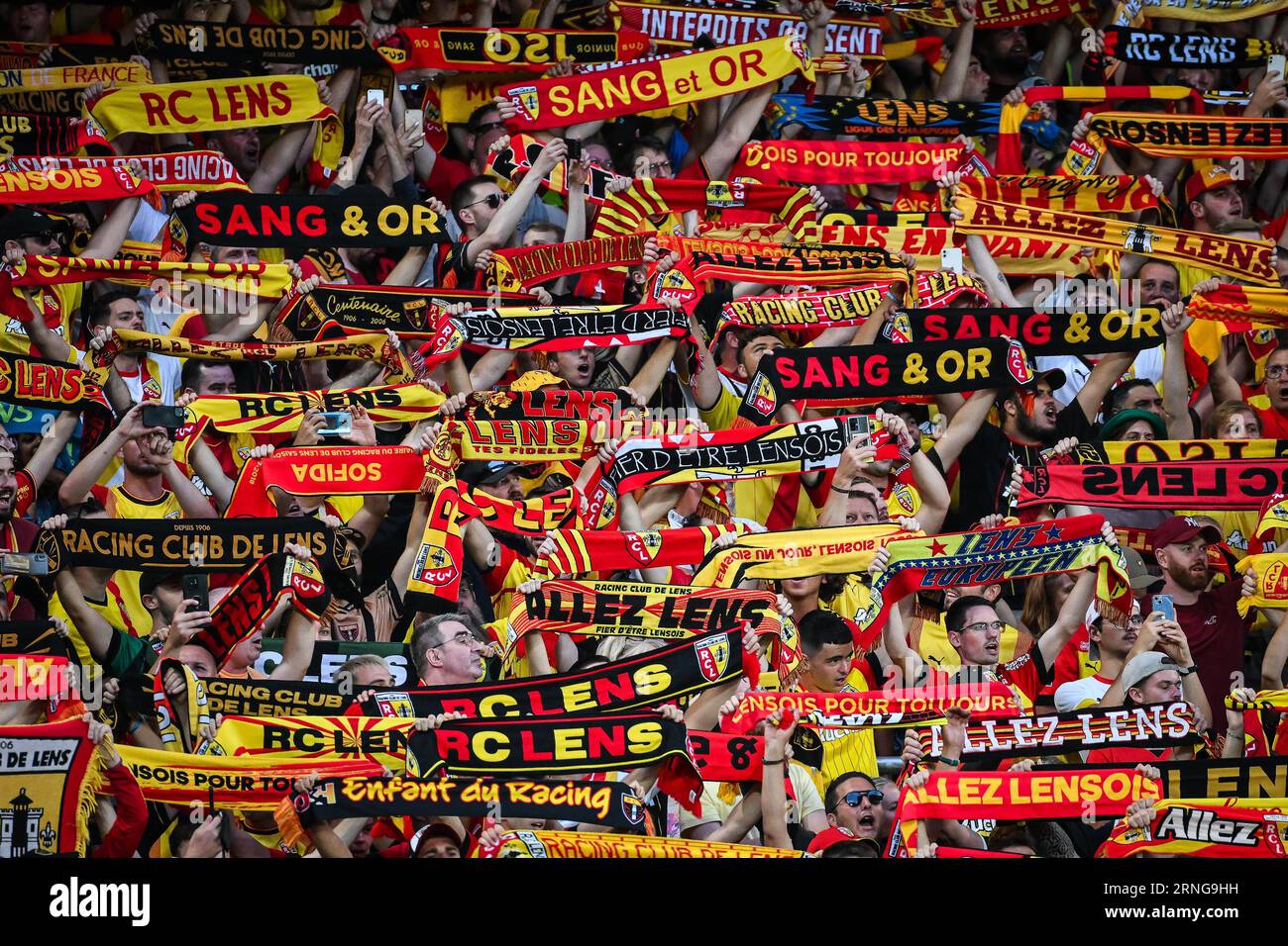 Lens, France. 20th Aug, 2023. Supporters of Lens during the French ...