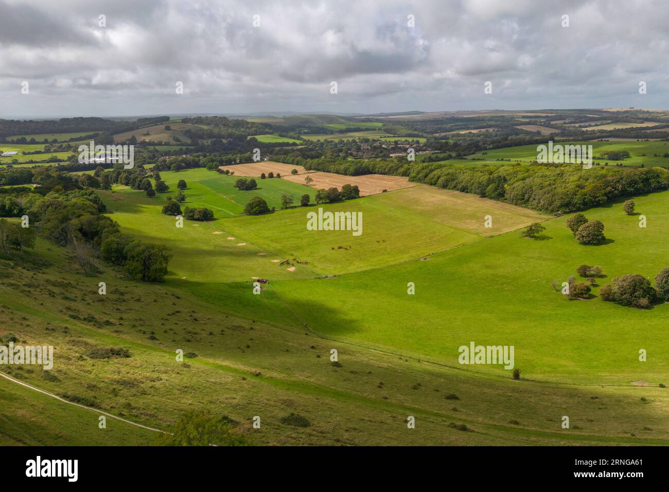 Aerial view of the countryside north west of Cissbury Ring, West Sussex ...
