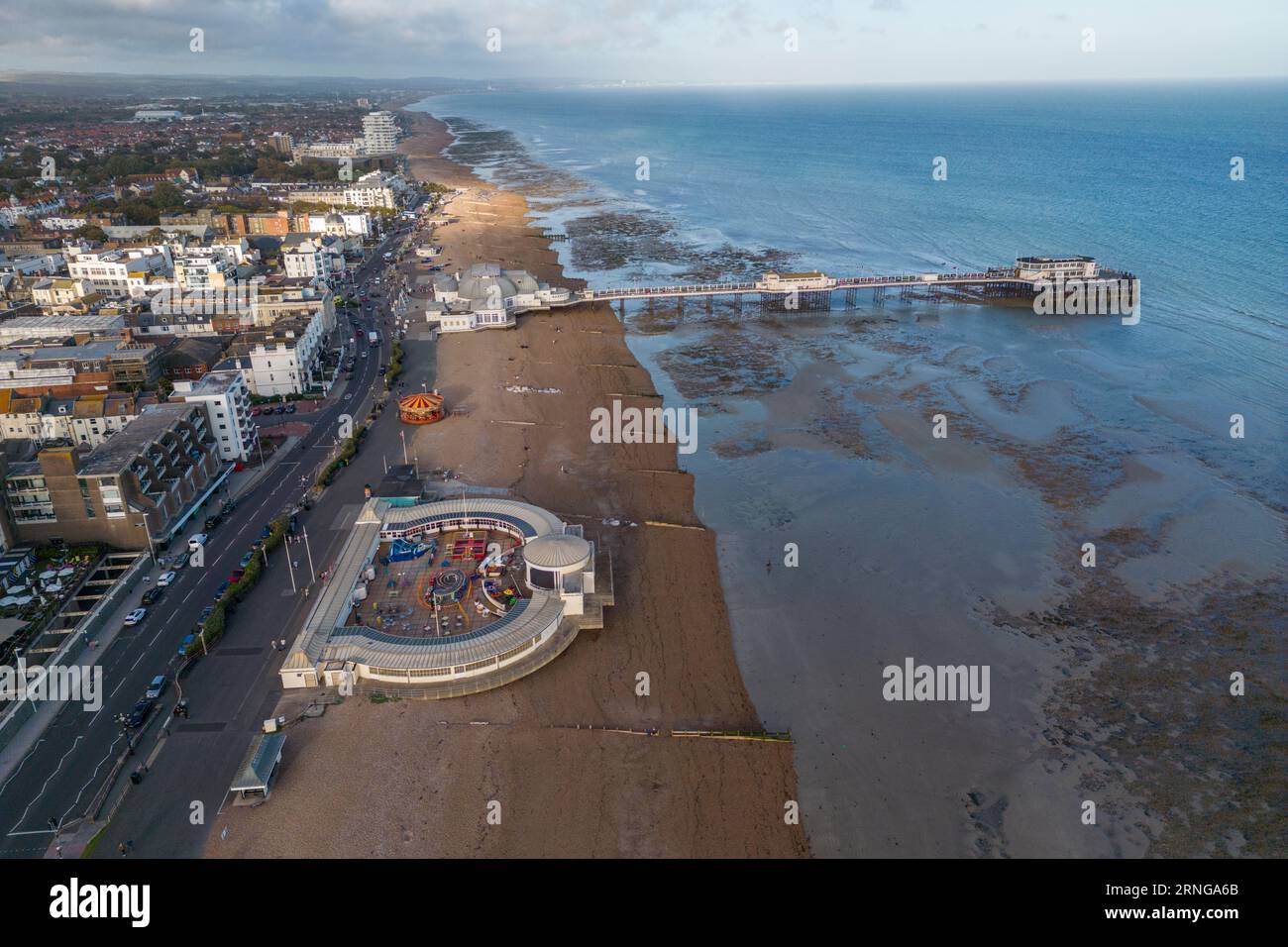 Aerial view of the lido, beach and pier, Worthing, West Sussex, UK ...