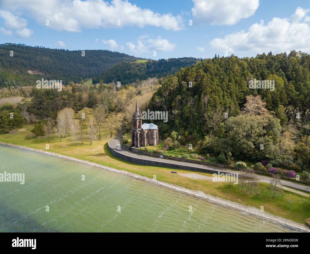 Aerial view of Furnas lake and the chapel Nossa Senhora das Vitorias ...