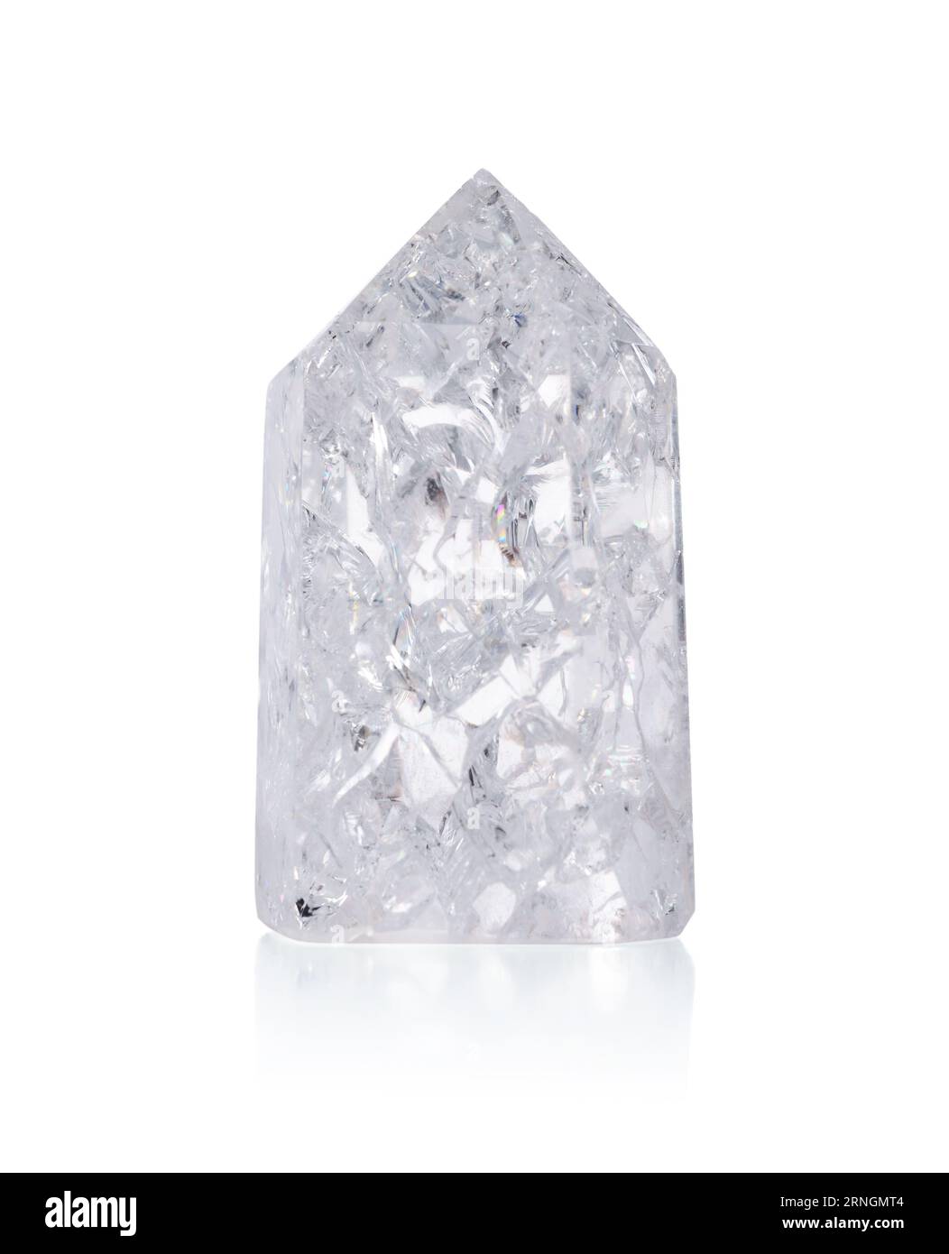 Clear crackle quartz crystal tower isolated on white background with ...