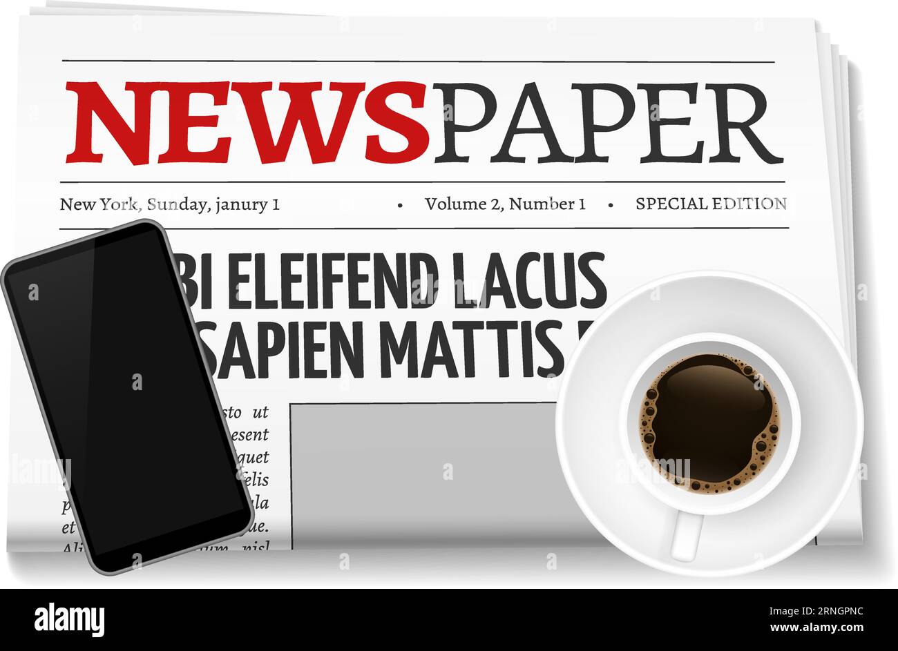 Morning newspaper with smartphone and coffee cup. Flat lay top view ...