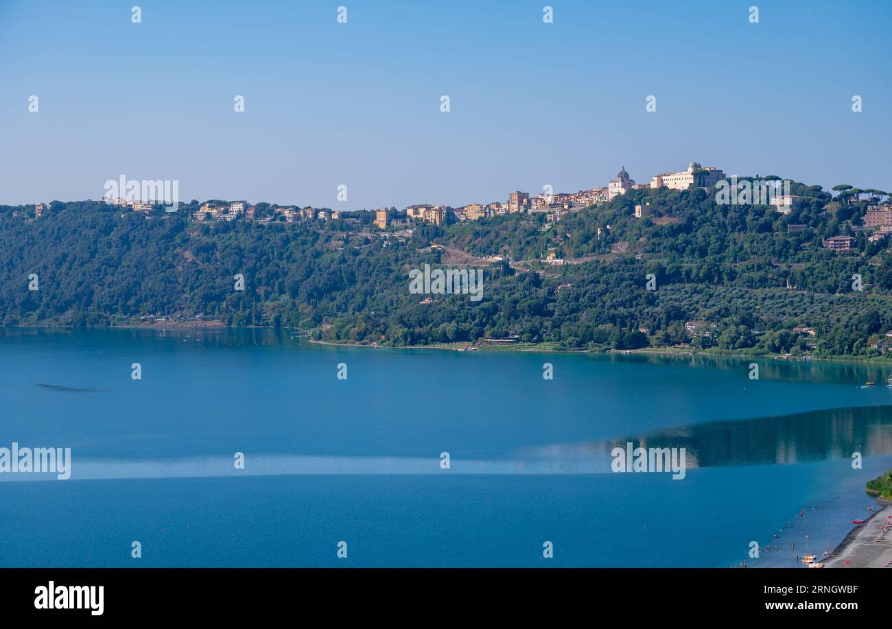 Castel Gandolfo, view on green Alban hills overlooking volcanic crater ...