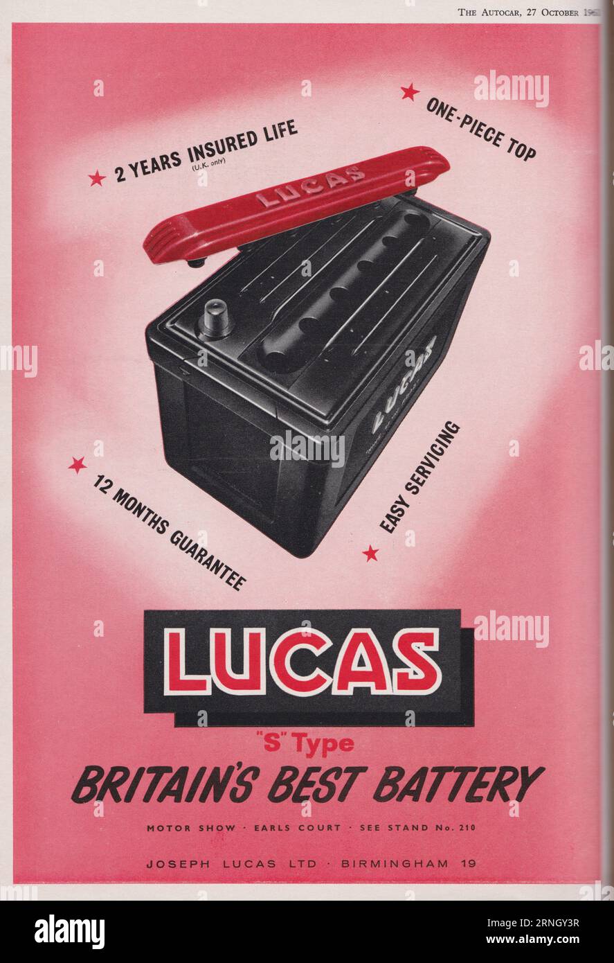 Joseph Lucas Ltd, Birmingham vintage advert for car batteries Stock ...
