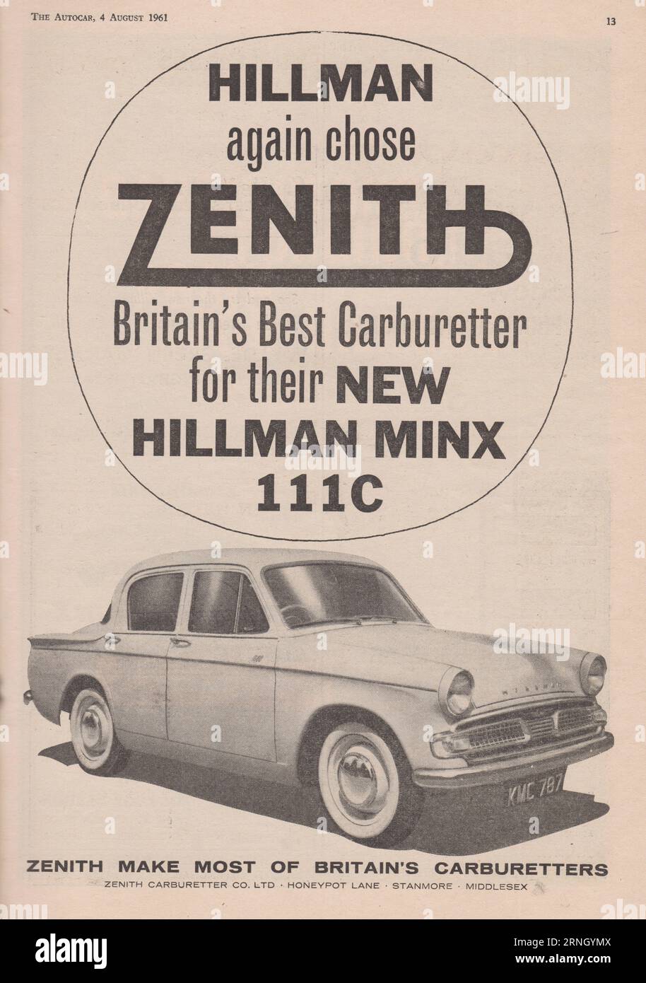 Zenith vintage advert - Hillman Minx 111C Stock Photo - Alamy