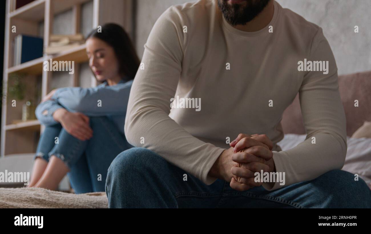 Annoyed Caucasian Husband Sit Apart On Bed With Offended Wife Keep