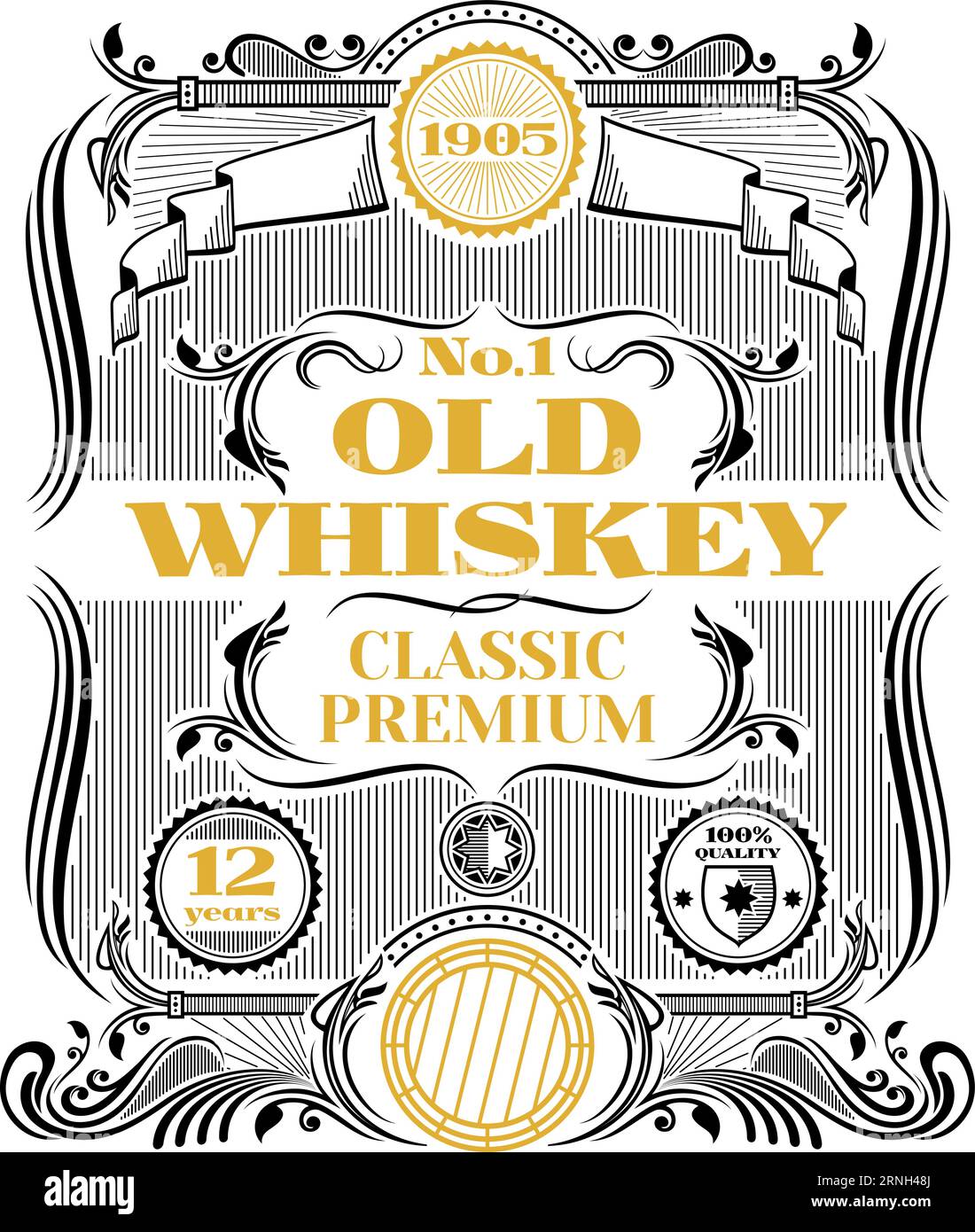 Old whiskey label in engraved style. Classic premium alcohol product ...