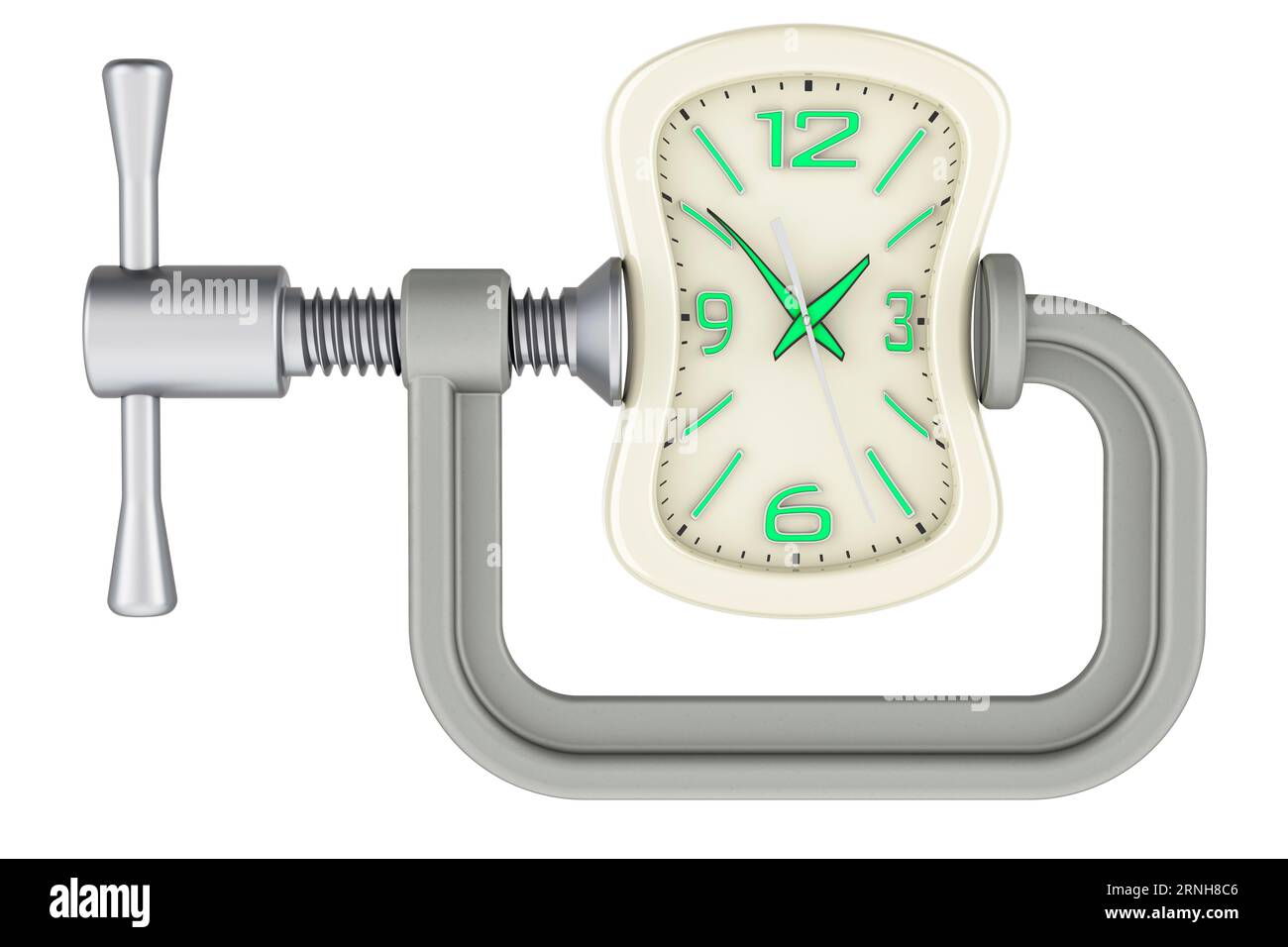Wall clock squeezed in a clamp concept, 3D rendering isolated on white ...