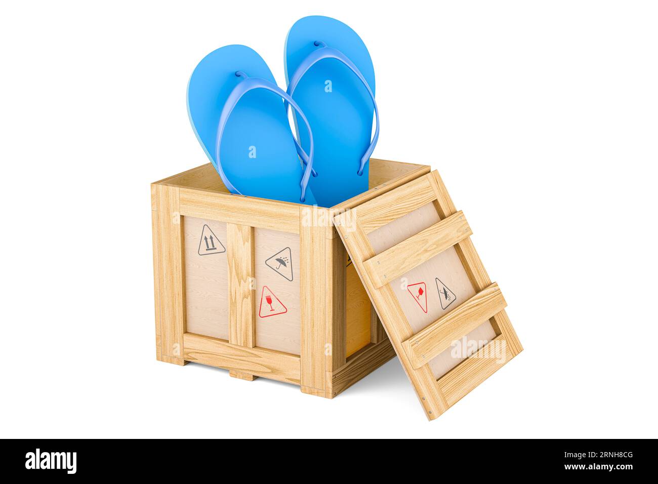 Blue flip-flops inside wooden box, delivery concept. 3D rendering ...
