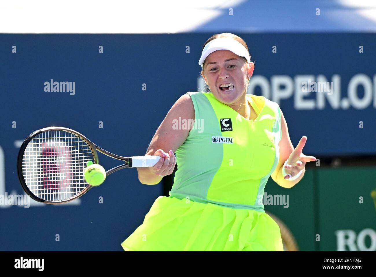 Jelena Ostapenko in action during a women's singles match at the 2023 ...