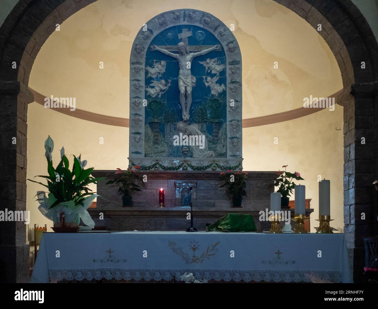 Glazed terracotta altarpiece Crucifixion with St. Mary Magdalene, by Andrea della Robbia, St ...