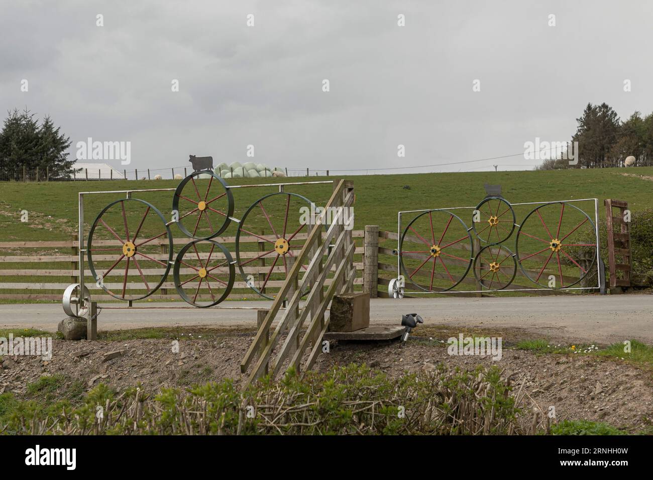 Metal farm gate made of cart wheels which are painted green, red and ...