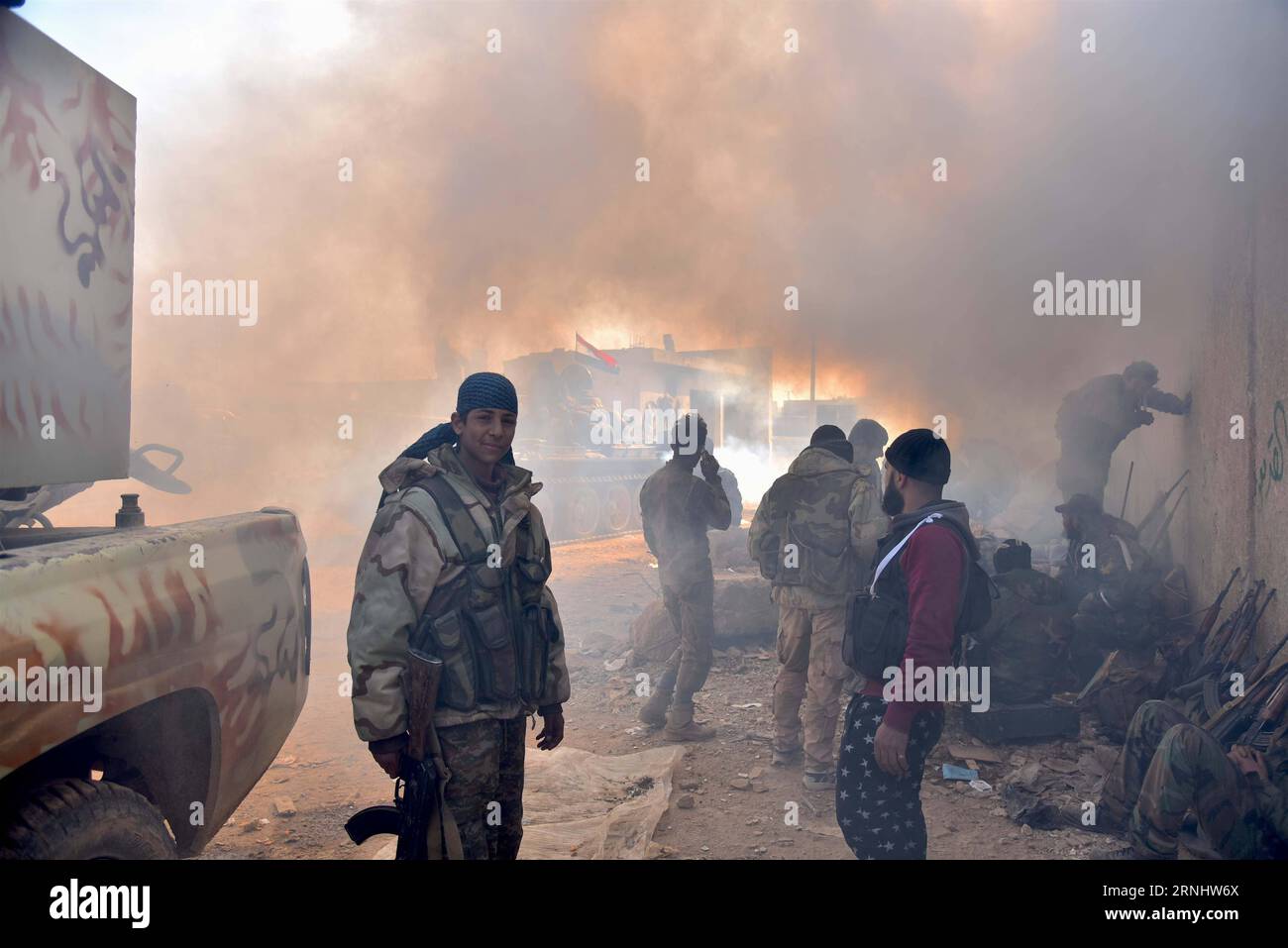 Soldiers of pro-government militia are pictured in Aleppo, Syria, on ...