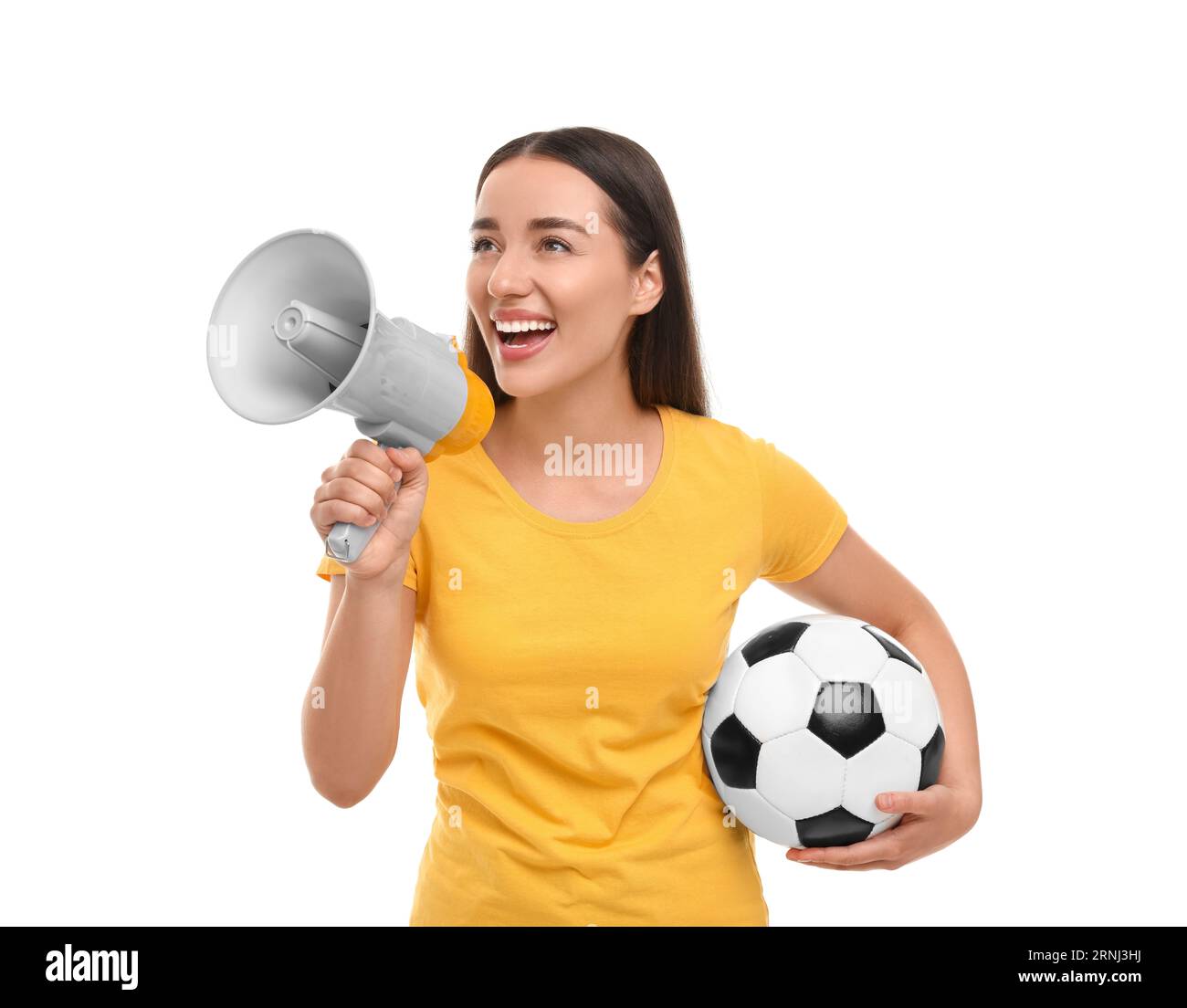 Happy fan with soccer ball using megaphone isolated on white Stock ...