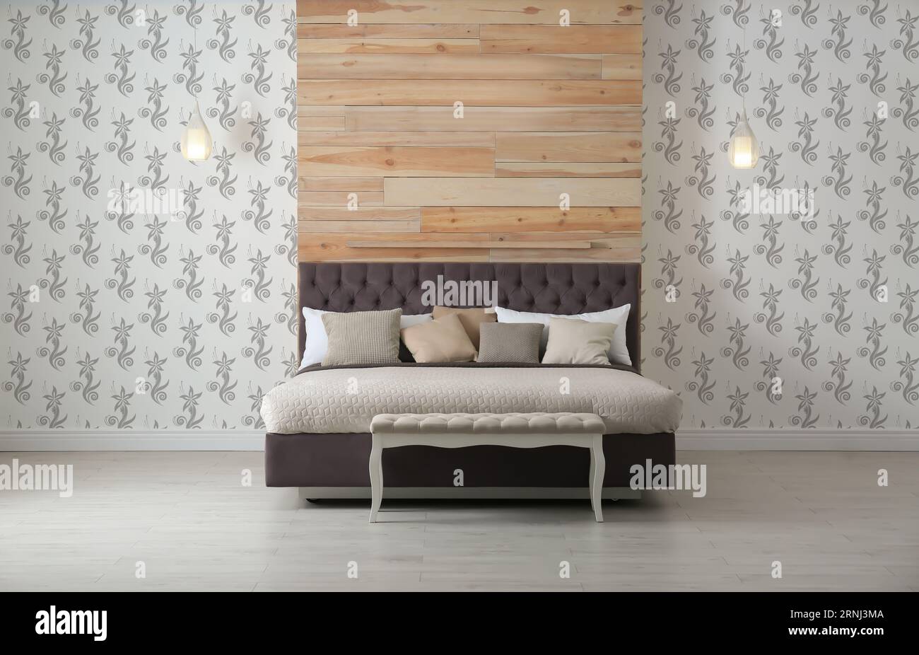 Minimalist bedroom interior with comfortable large bed Stock Photo - Alamy