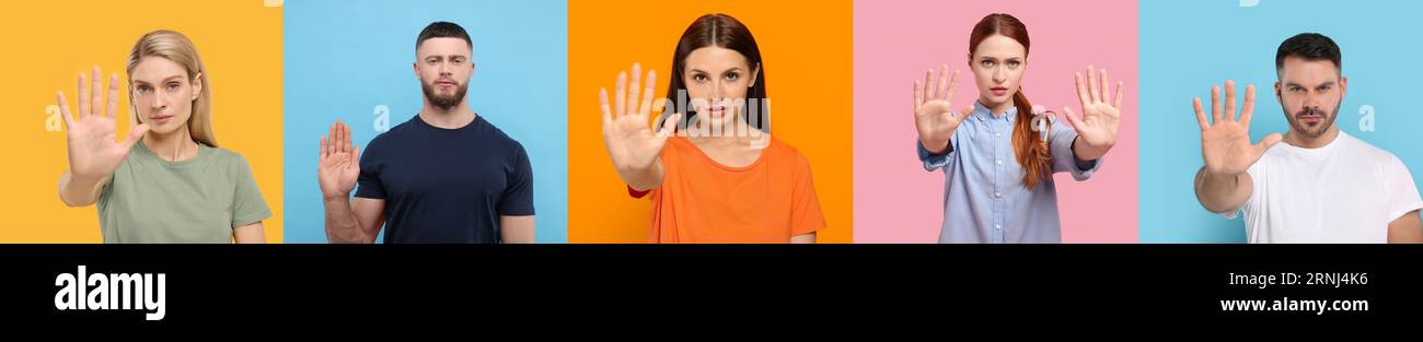 People showing stop gesture on different color backgrounds. Collage ...