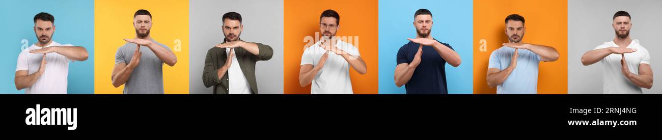 Men showing time out gesture on different color backgrounds. Collage ...