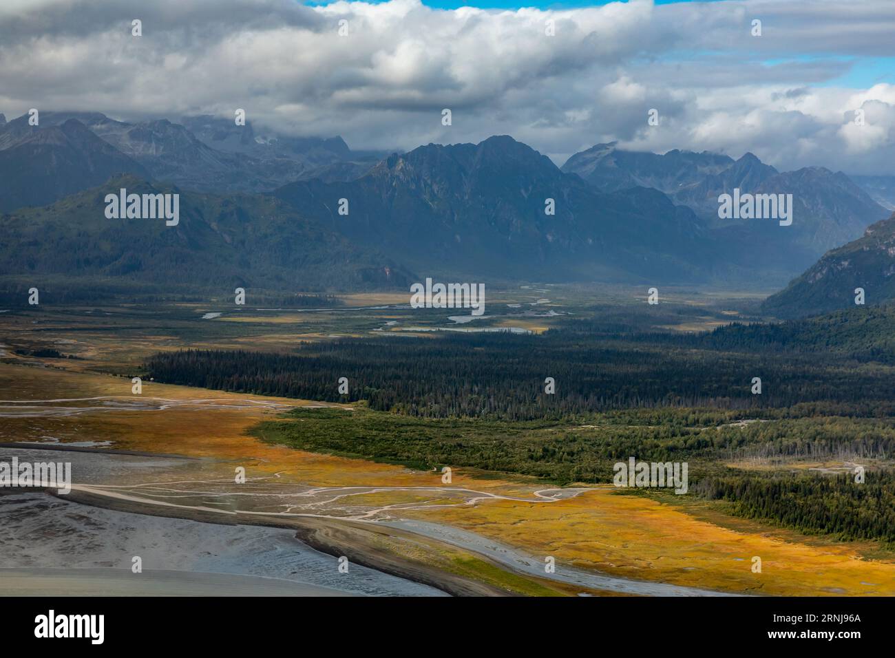 Aerial view of mountain valley in Lake Clark National Park and Preserve ...