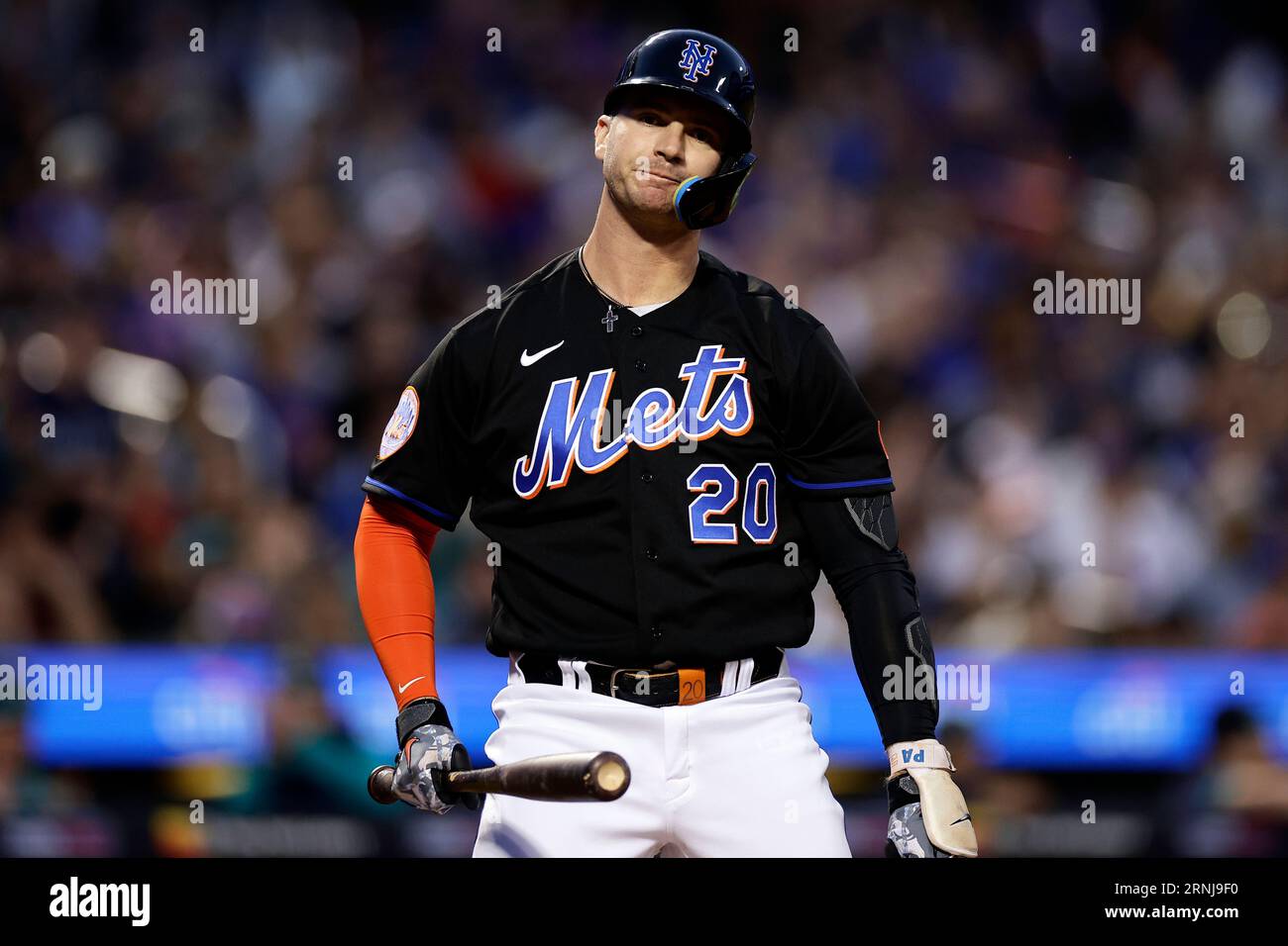 New York Mets' Pete Alonso reacts after being called out on strikes ...