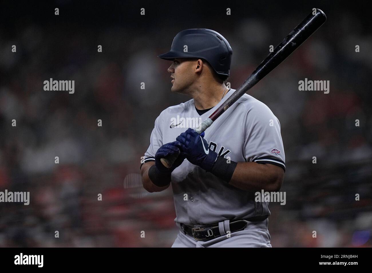 New York Yankees center fielder Jasson Dominguez stands in for his ...
