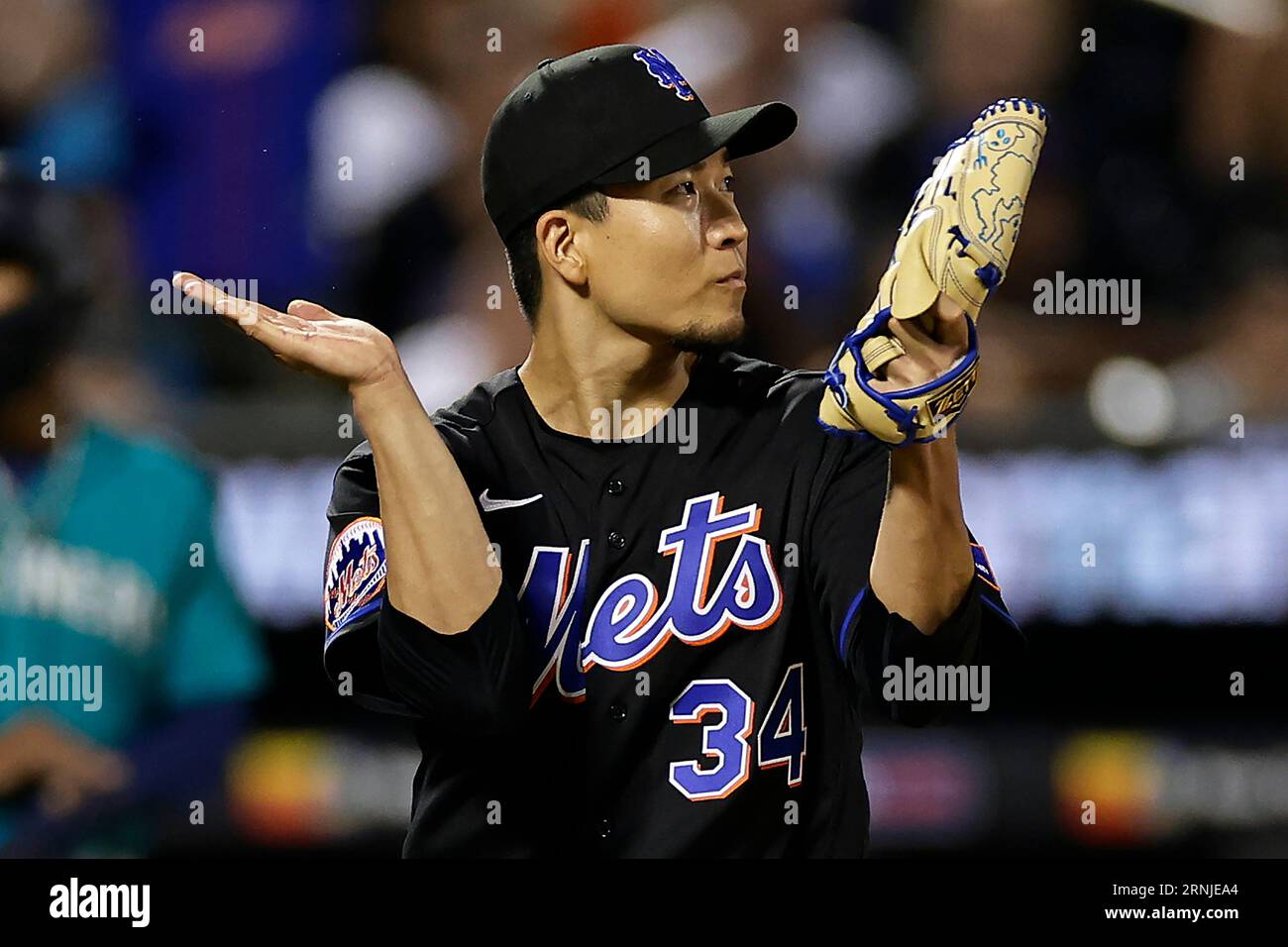 New York Mets starting pitcher Kodai Senga, of Japan, reacts during the ...