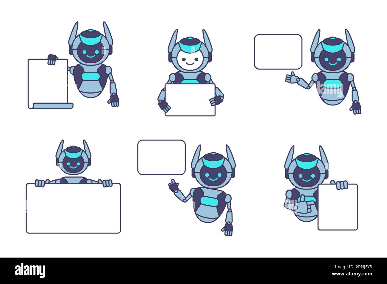 Robot character holding blank poster banner for showing information or ...